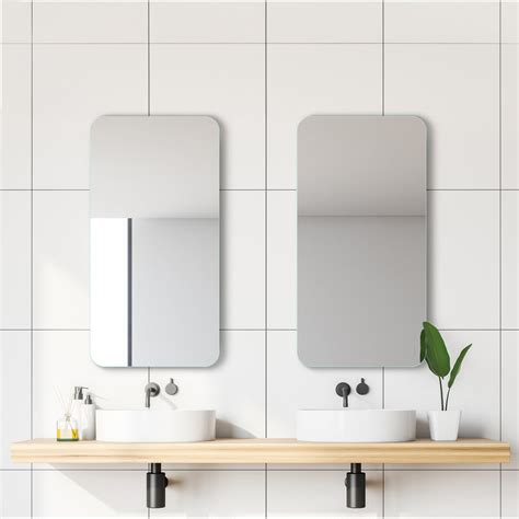 Frameless Rectangular Mirror With Smooth Curved Edges For Bathroom Wal