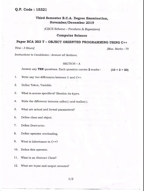 bangalore university b c a computer science paper bca 303 t object