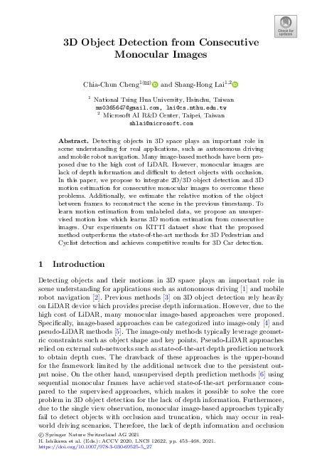 Pdf 3d Object Detection From Consecutive Monocular Images