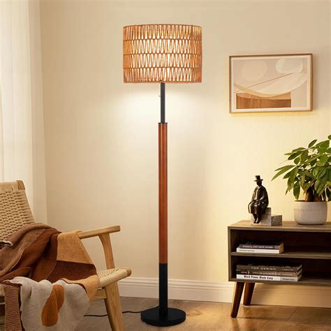 Bayou Breeze Boho Rattan Floor Lamp With Dimmable Bulb Dual Shades