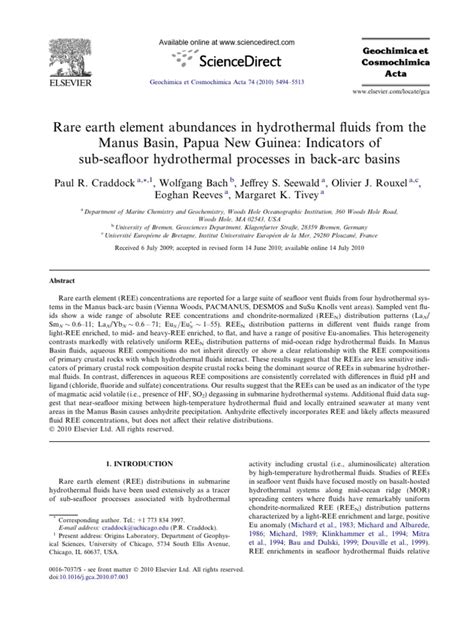 Rare Earth Element Abundances In Hydrothermal Fluids From The Manus Basin Papua New Guinea
