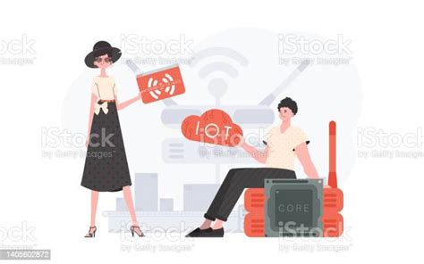 남자와 여자는 사물 인터넷 분야의 팀입니다 Iot 및 자동화 개념 웹 사이트 및 프리젠 테이션에 좋습니다 플랫 스타일의 벡터