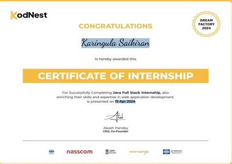 Javafullstack Webdevelopment Internshipcompletion Careeropportunities Saikiran Karingula