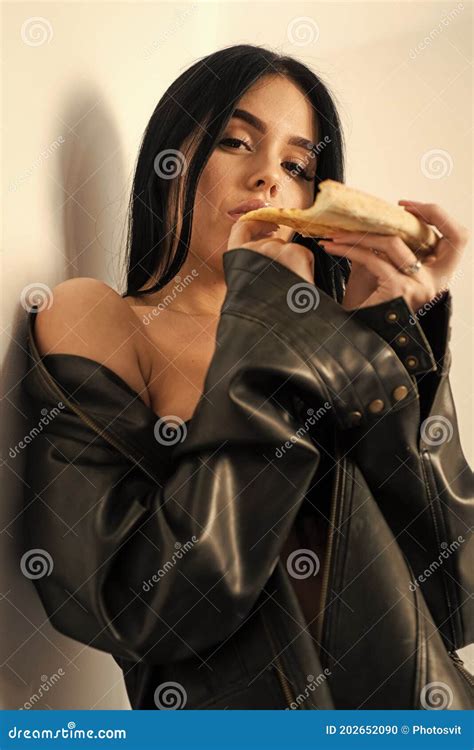 Best Food Is Eaten With Your Hands Sensual Woman Bite Pizza Slice