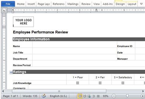 Employee Performance Review Form For Word
