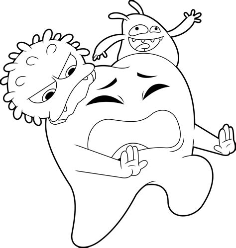 Outlined Tooth Cartoon Character Attacked By Germs Vector Hand Drawn