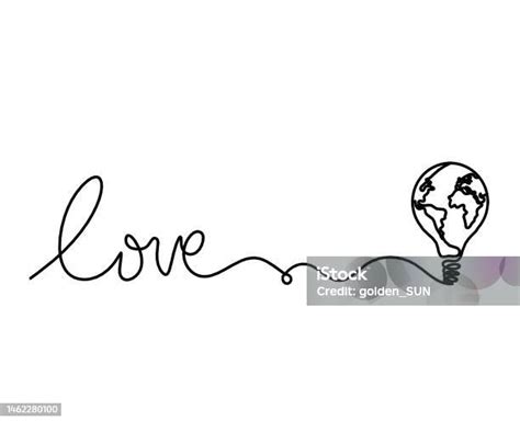 사랑이라는 단어와 전구를 흰색에 연속적인 선으로 그리는 붓글씨 비문 필기에 대한 스톡 벡터 아트 및 기타 이미지 필기 활력