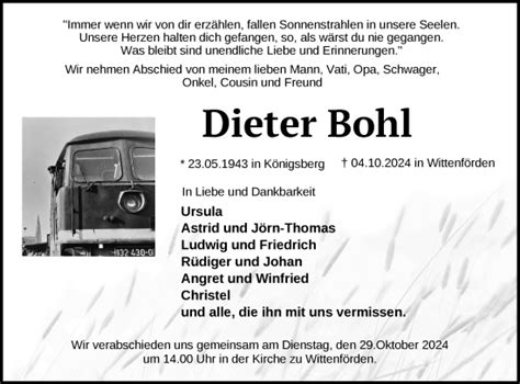 Traueranzeigen Von Dieter Bohl Trauer Nordkurier