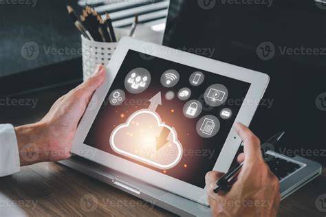 Person Hand Using Digital Tablet With Cloud Computing Icon Cloud