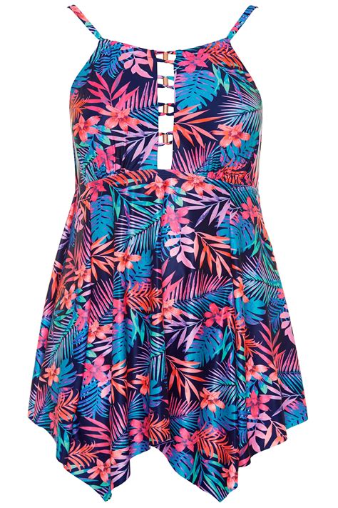 Blue And Pink Tropical Floral Double Lattice Swim Dress Yours Clothing