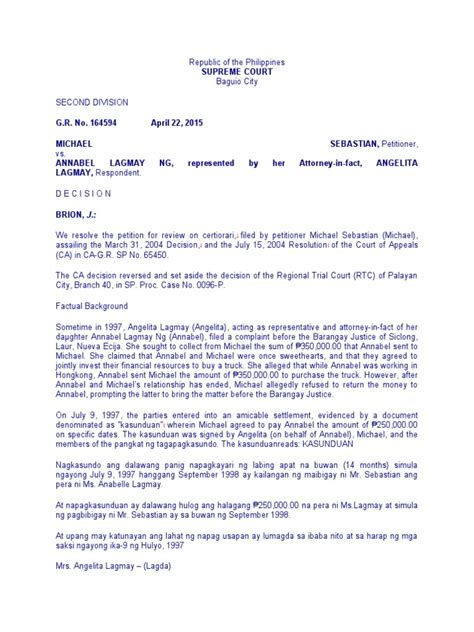 Gr No 164594 Michael Sebastian Vs Annabel Lagmay Ng Pdf Lawsuit