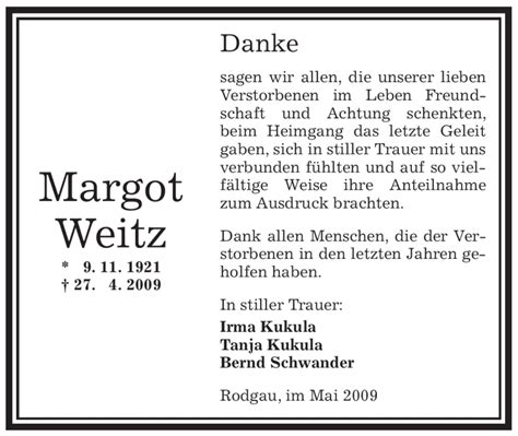 Traueranzeigen Von Margot Weitz Trauer Op Online De