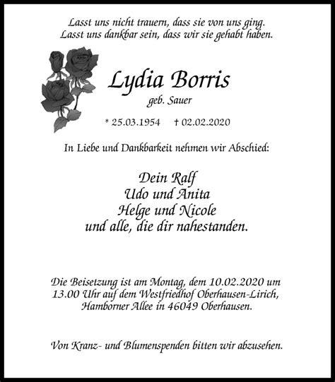 Traueranzeigen Von Lydia Borris Trauer In Nrw De