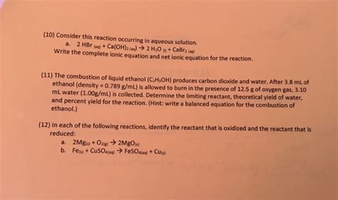 Solved Consider This Reaction Occurring In Aqueous Solution A Answer