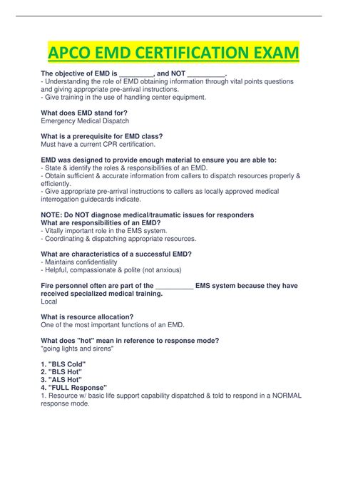 Apco Emd Certification Exam Question And Answers 20222023 Exama