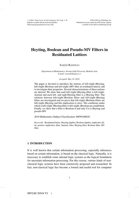 Pdf Heyting Boolean And Pseudo Mv Filters In Residuated Lattices
