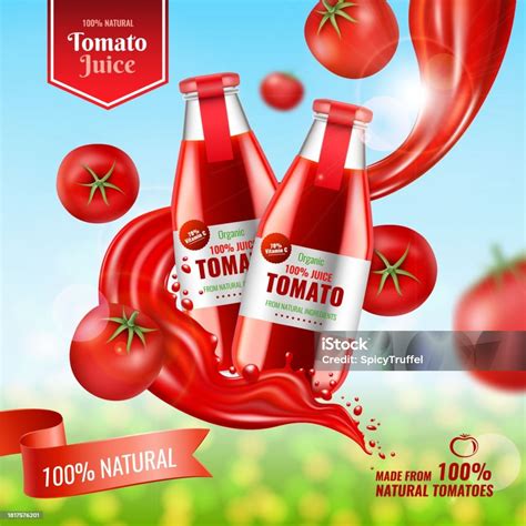 3d 토마토 주스 유리병 액체에 과일 포장을 붓고 빨간 라벨 광고 신선한 음료를 붓습니다 웹 배너 템플릿 또는 제품 포스터 벡터 사실적인 배경 3차원 형태에 대한 스톡 벡터