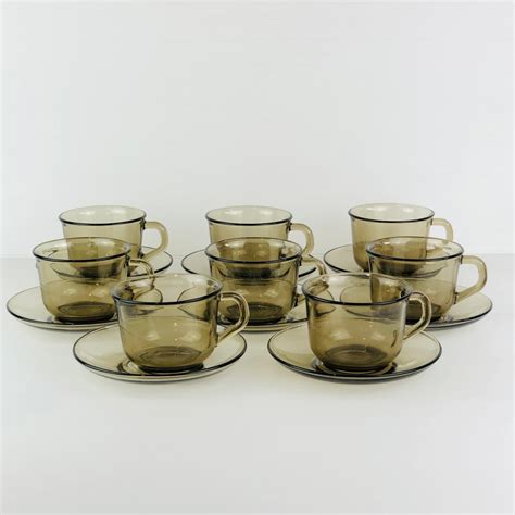 Vintage Arcoroc Fume Smoked Glass Cups And Saucers X 8 Retro Made In
