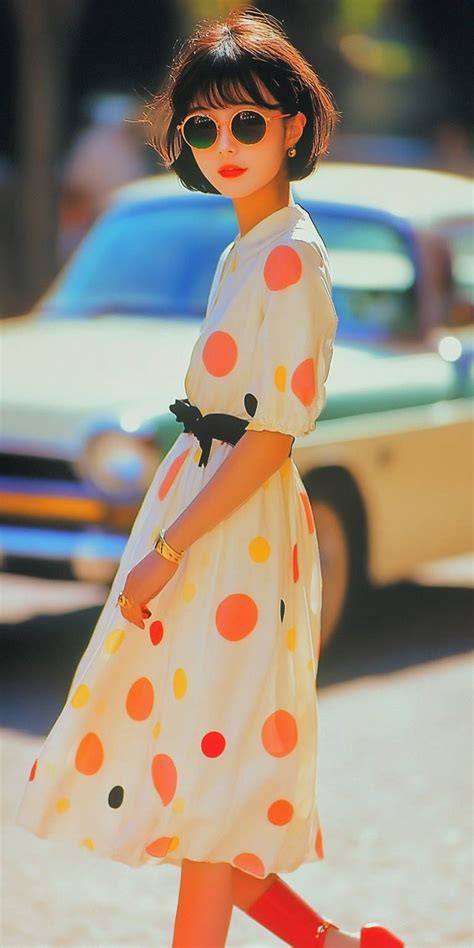 애니메이션 소녀 복고풍 캐주얼 물방울 무늬 드레스 빨간 플랫 고양이 눈 선글라스 빈티지 자동차 배경