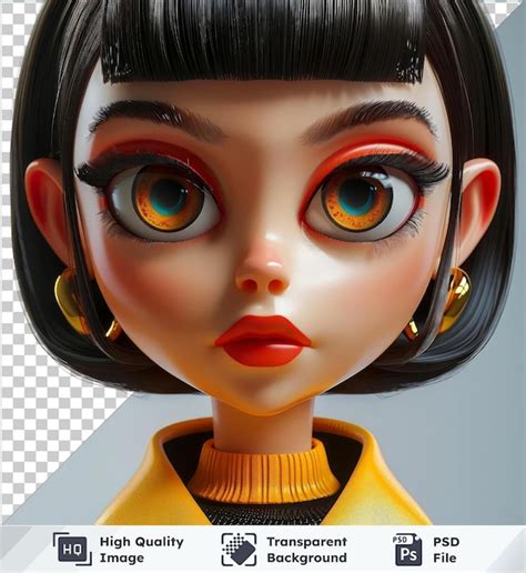 Premium PSD Transparent Object Featuring A Doll With Black Hair Blue Eyes And A Gold Earring