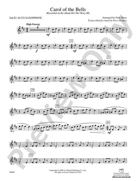 Carol Of The Bells Nd E Flat Alto Saxophone Nd E Flat Alto