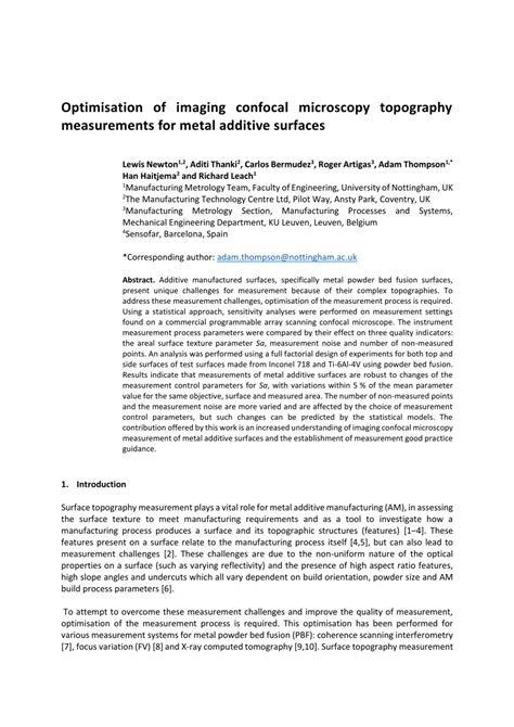 Pdf Optimisation Of Imaging Confocal Microscopy Topography Measurements For Metal Additive