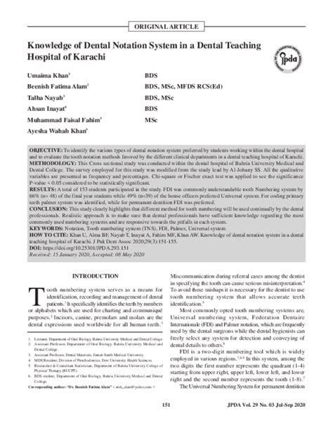 Pdf Knowledge Of Dental Notation System In A Dental Teaching Hospital Of Karachi