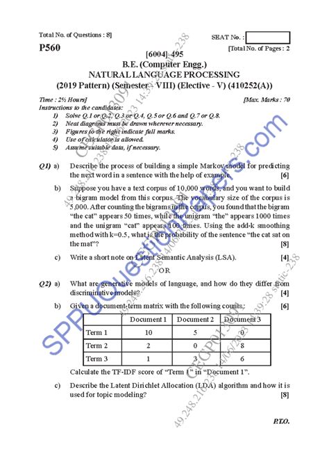 Be Computer Engineering Semester 8 2023 May Natural Language Processing 2019 Pattern Total No