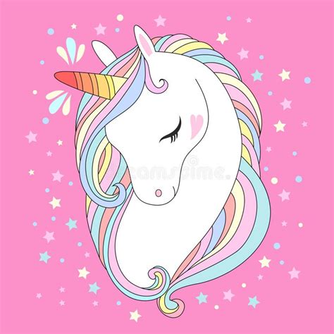 Head Of Cute White Unicorn With Rainbow Mane Isolated On White