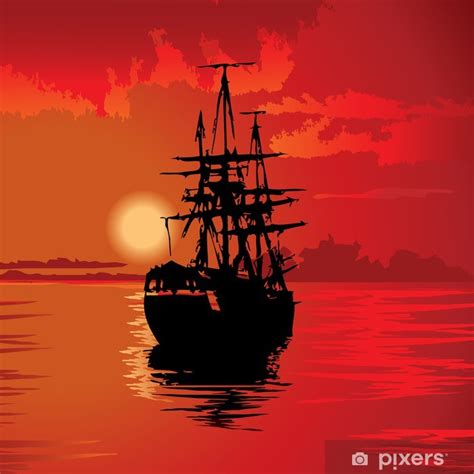 Poster Flying Dutchman On A Red Background Vector Art Illustration