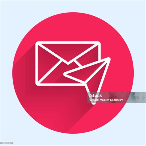 긴 그림자로 격리된 흰색 선 봉투 아이콘입니다 전자 메일 메시지 문자 기호입니다 빨간색 원 버튼입니다 벡터 일러스트레이션 개념에