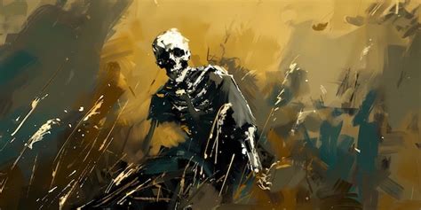 A Painting Of A Skeleton In A Field Of Grass Premium Ai Generated Image