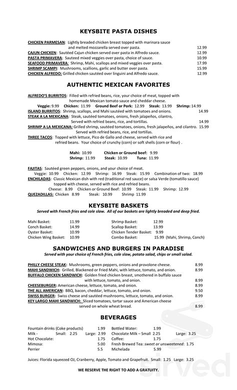 Keys Bite Menu In Key Largo Florida Usa