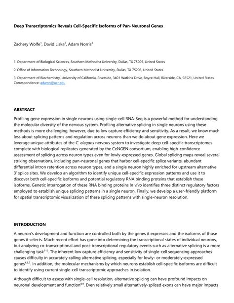 Pdf Deep Transcriptomics Reveals Cell Specific Isoforms Of Pan Neuronal Genes
