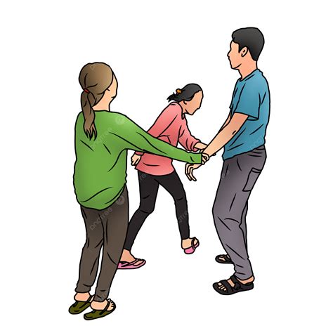 Cartoon Of Three People Playing While Holding Each Others Hands