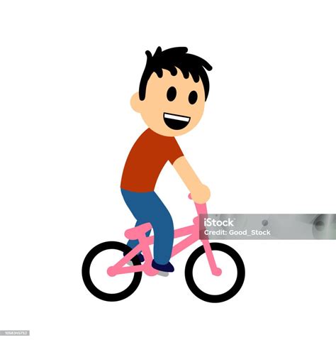 재미 있는 만화 소년 자전거를 타고입니다 평면 벡터 일러스트입니다 흰색 배경에 고립 단순함에 대한 스톡 벡터 아트 및 기타