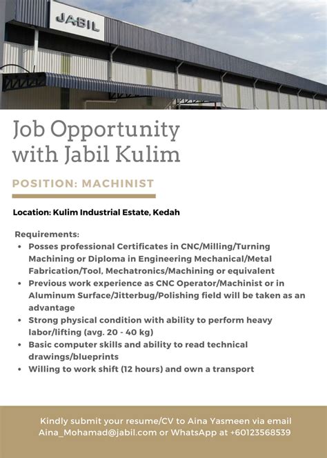 Open Vacancy For Machinist Position Jabil Kulim For Malaysian Citizen Only Interested