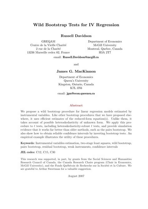 Pdf Wild Bootstrap Tests For Iv Regression Russell Davidsonrussell Davidsonartsmcgillca