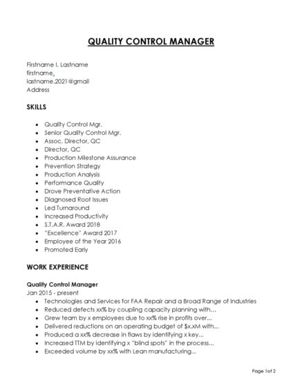 24 Quality Control Resume Examples Free Templates