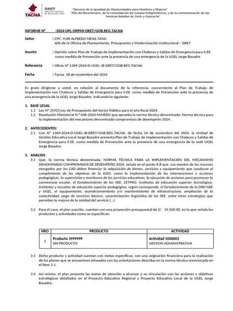 informe 203 2024 opinion plan de trabajo ugel jorge basadre