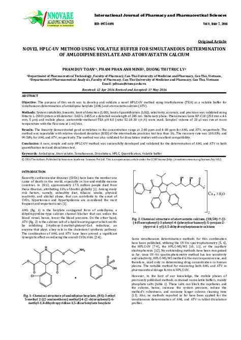 Pdf Novel Hplc Uv Method Using Volatile Buffer For Simultaneous Determination Of Amlodipine