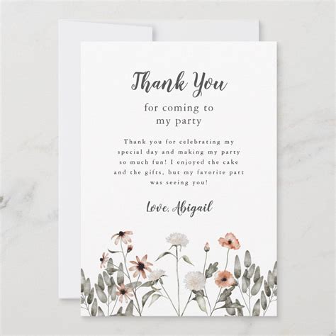Wildflowers Pink Birthday Party Thank You Card Pink Wildflowers