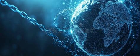 Digital Wireframe Globe With Blockchain Technology Connections And Blue Glowing Nodes Stock