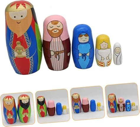 Russian Nesting Wooden Doll Set Of 5 Nativity Ecobargains