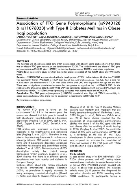 Pdf Association Of Fto Gene Polymorphisms Rs9940128 And Rs11076023 With Type Ii Diabetes