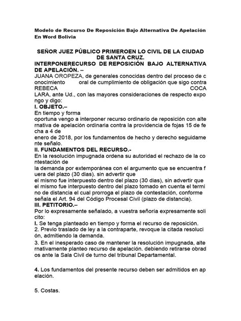 Modelo De Recurso De Reposición Bajo Alternativa De Apelación En Word