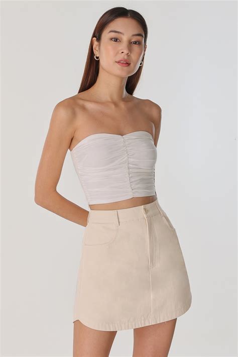 Liana 2 Way Padded Ruched Sweetheart Top White Lovet
