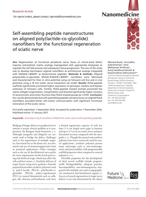 PDF Self Assembling Peptide Nanostructures On Aligned PLGA Nanofibers