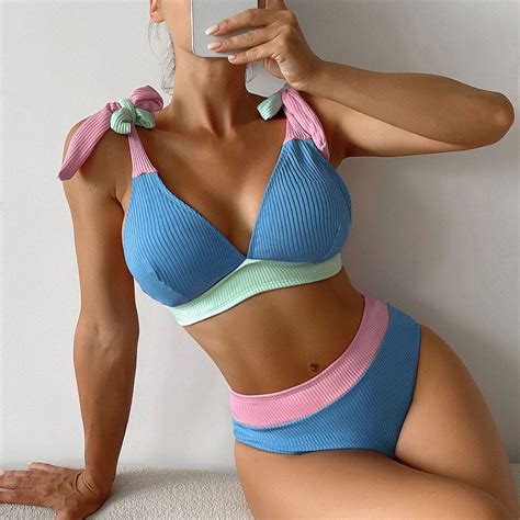 Contrast Block V Neck Tie Strap Bikini Swimsuit Sunnybikinis