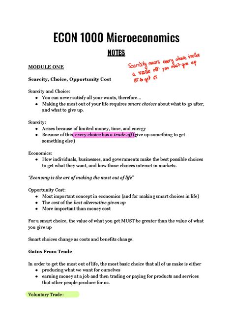 Econ 1000 Microeconomics Notes Econ 1000 Microeconomics Notes Module One Scarcity